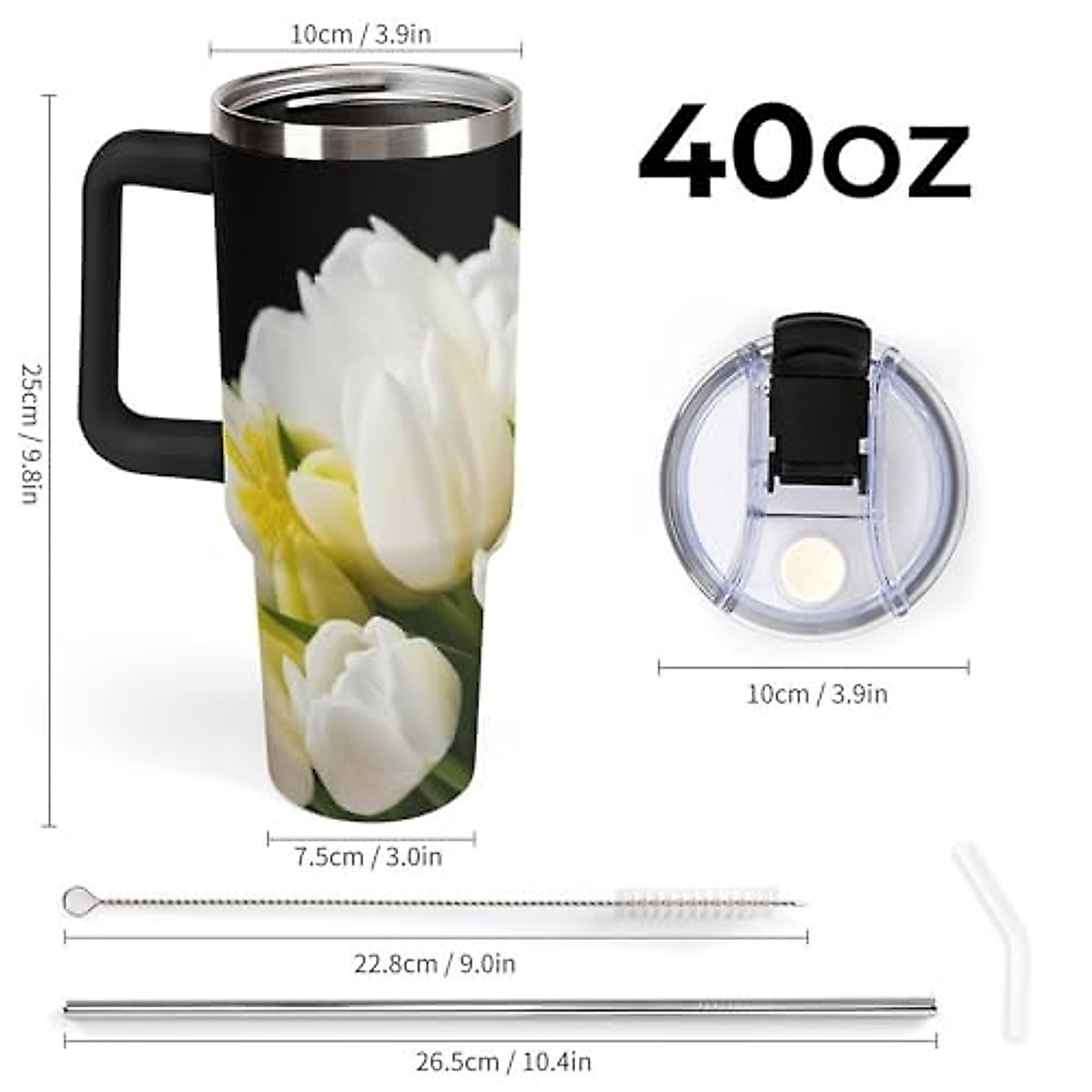 YTLKGFP 40 Oz Large Capacity Car Cup Different Flowers Tumbler with Handle (Black) Straw Lid Insulated Stainless Steel Water Bottle Travel Mug Leak-proof Car Cup Keeps Cold Or Hot