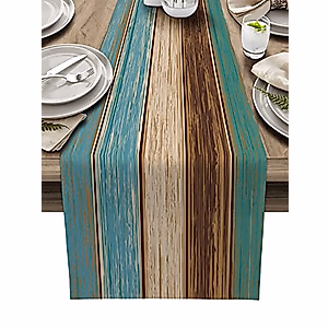 Farmhouse Table Runners 72 Inches Long,Rustic Teal Table Runner Turquoise Blue Green Brown Wood Striped Cotton Linens Burlap Dresser Scarves Table Decor for Kitchen Dining Room Coffee Table