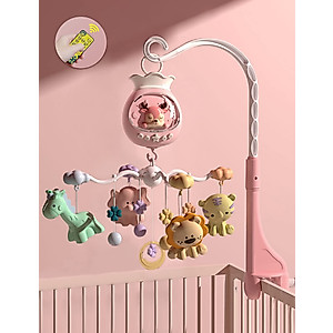 BSROLUNA Baby Crib Mobile with Music and Lights, Baby Mobile for Crib with Remote Control, Hanging Rotating Animal Rattles, 50 Songs and Timing Function, Cartoon Baby Crib Toys for Girls (Baby Pink)