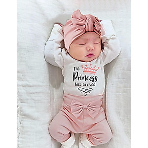 TyeSmo Newborn Girl Clothes the Princess Has Arrived White Long-sleeve Top + Pants + Headband + Hat Newborn Baby Girl Clothes