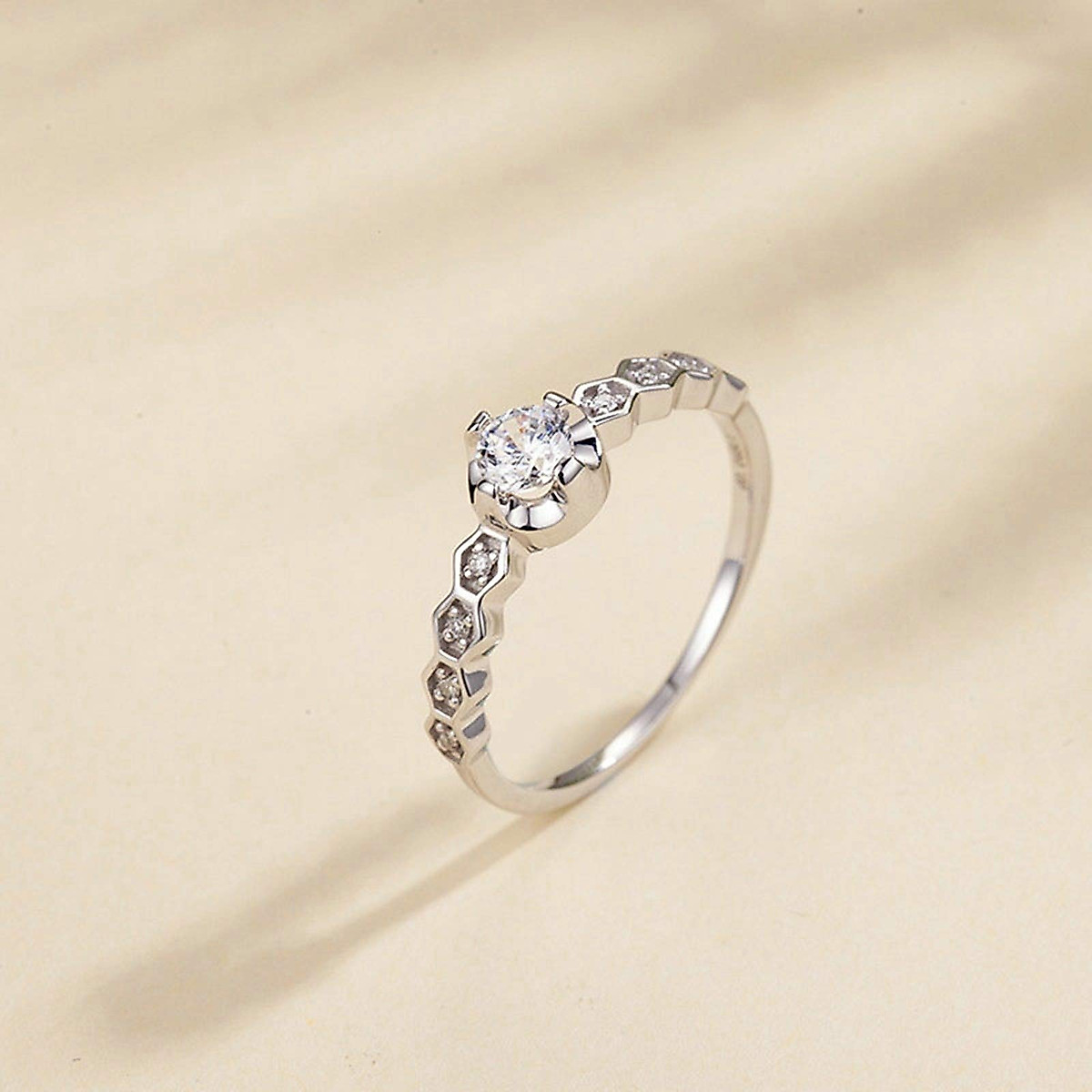 KnBoB Women Hexagon Round Shape 0.2ct Diamond Ring 18K White Gold Promise Wedding Engagement Bridal Anniversary Ring Size 5