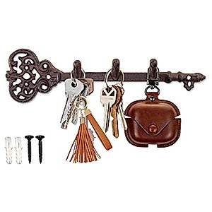 Comfify Decorative Wall Mounted Key Holder Rack - Vintage Key Shaped Rack with 3 Hooks - Wall Mounted - Keys, Coats, Hats and More- Rustic Cast Iron - 11 x 2.8”- with Screws and Anchors (Rust Brown)