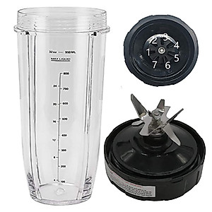 Replacement parts 7 male fins blade with 32oz cup and spout lid for 1200W Nutri Ninja Auto-IQ Smooth Boost Blender:BL490 30/BL491 30/BL492 30/BL492W 30/ BL493Z 30/BL494 30 (10, 27)