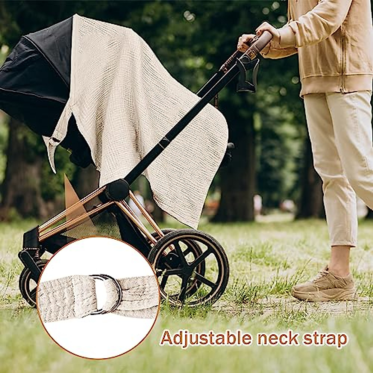 HealthSTEC Baby Nursing Cover - 360° Full Privacy Breathable Cotton Built-in Burp Cloth & Pocket - Versatile Cover for Breastfeeding Car Seat Shopping Cart Stroller (Khaki)