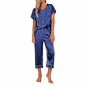 Ekouaer Silk Womens Nightwear Soft Satin Loungewear Button Down Pajamas Set Two Piece Short Sleeve Sleepwear Navy Blue