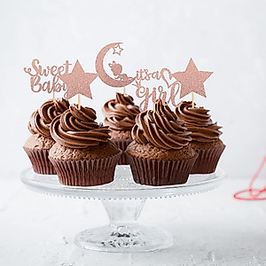 36 PCS Baby Shower Girl Cupcake Toppers with Moon Glitter Star It's a Girl Sweet Baby Gender Reveal Cupcake Picks Baby Shower Kids Girls Birthday Party Cake Decorations Supplies Rose Gold