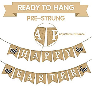 Happy Easter Burlap Banner with Buffalo Plaid Bunny - NO DIY - Rustic Farmhouse Easter Decorations - Easter Bunny Bunting Garland for Mantel Fireplace - Spring Easter Party Decoration