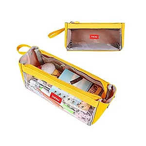 DIYOMR Clear Window Pen Bag Pencil Pouch Pen Cases for Adults, Small Makeup Bag Zipper Stationery Bag For Office Teen College Students Adults Grils Boys(Yellow)