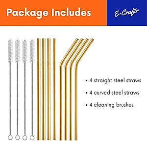 E-Craftr 12-Pack Stainless Steel Straw Set | Resuable Drinking Straws | Eco Friendly Set | 4 Cleaning Brush Included | Extra Durable (Gold)