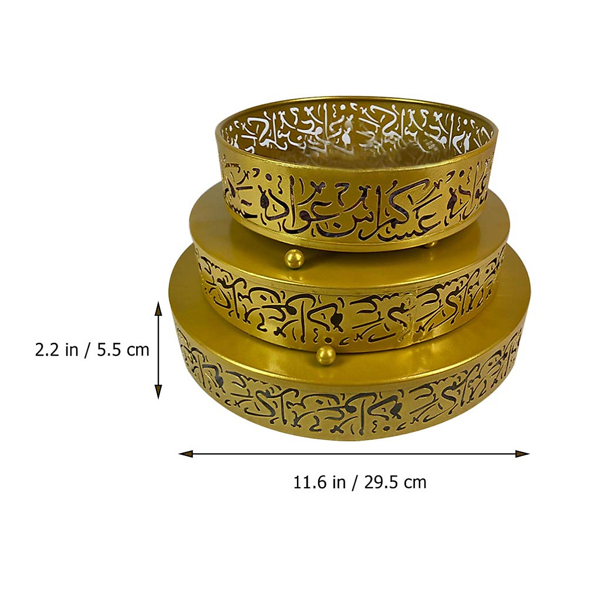 Amosfun 3Pcs Eid Ramadan Plate Iron Serving Tray Plate Islam Round Platter Snack Dessert Pastry Tray for Home Ramadan Mubarak Party Supplies (Golden)