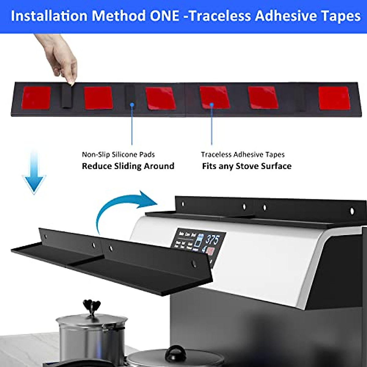 Stove Top Shelf,Spice Rack Over the Stove Top Shelf,Stainless Steel Spice Rack with Adhesive Tapes,Kitchen Storage Organization fit Standard 30 IN Stove Width, Over Stove Spice Rack Organizer-Black