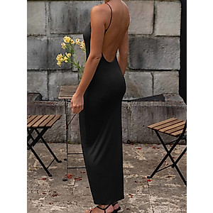 LILLUSORY Birthday Dress Sun Dresses for Women 2023 Summer Casual Sexy Dinner Backless Spaghetti Strap Bodycon Maxi Dresses Ladies Party Date Cami Long Dress Black