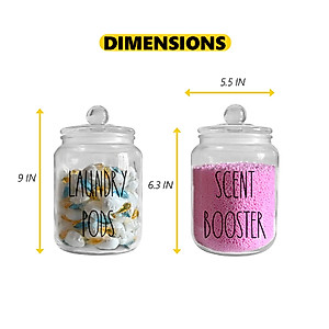 Laundry Room Organization Jars with Labels, Glass Containers for Laundry Detergent Laundry Powder, Farmhouse Laundry Pods Storage Organizers, Laundry Soap Dispenser, Scent Booster Holder (Clear)