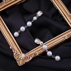 Sttiafay Vintage Crystal Pearl Drop Earrings Long Pearl Chain Earrings Gold Pearl Tassel Earrings Shine Bridal Cz Rhinestone Pearl Earrings Jewelry for Women and Girls