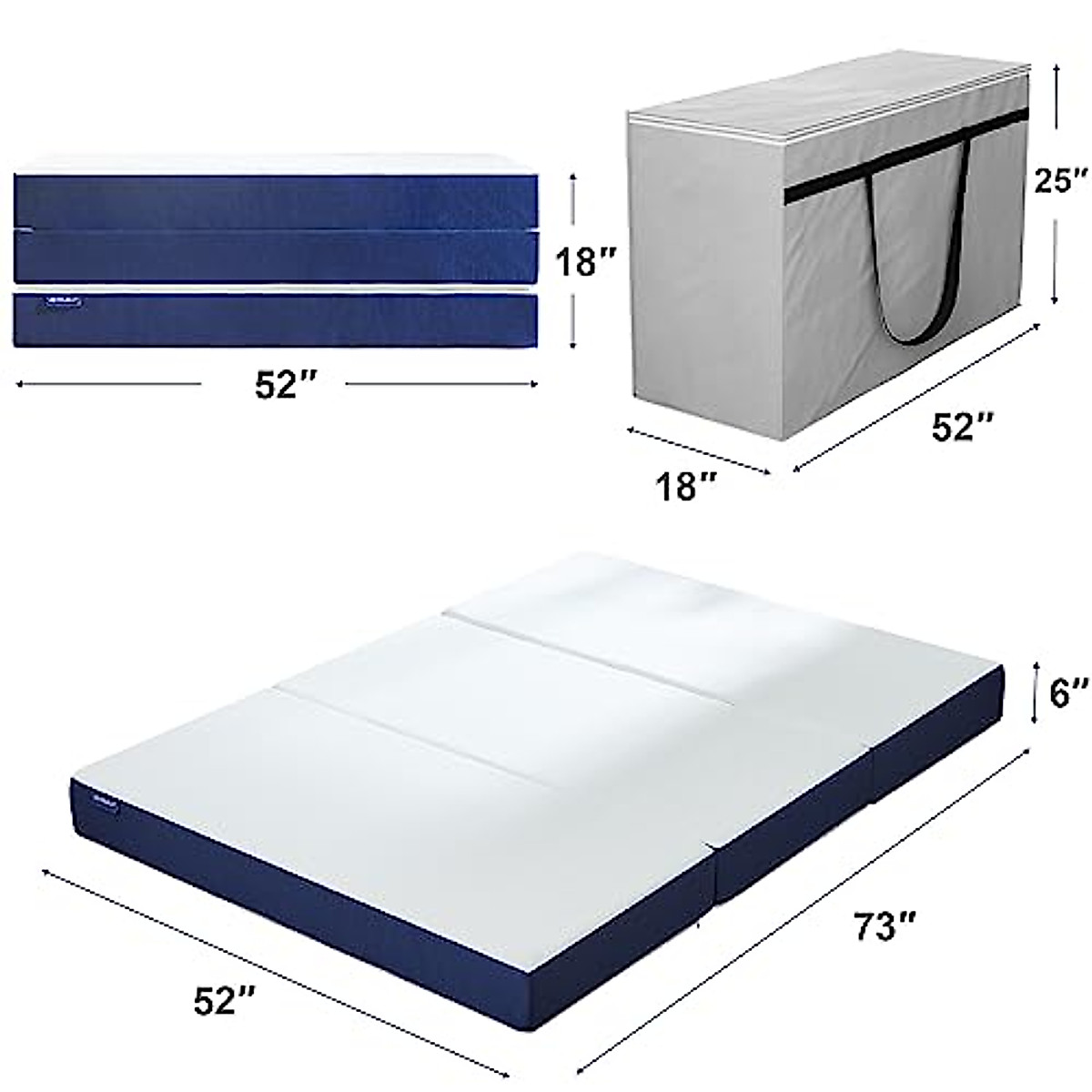 Molblly Folding Mattress with Storage Bag, 6 inch Memory Foam Tri Folding Mattress, Portable Trifold Mattress with Breathable & Washable Cover, Full Size - 52"x 73"x 6"