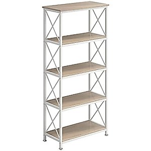 4NM Adjustable Bookshelf 5 Tiers Storage Shelves Kitchen Standing Racks Vintage Bookcase for Study Organizer Home Office Pantry Closet Kitchen Laundry 23.6x11.8x56.5 inches (Natural and White)