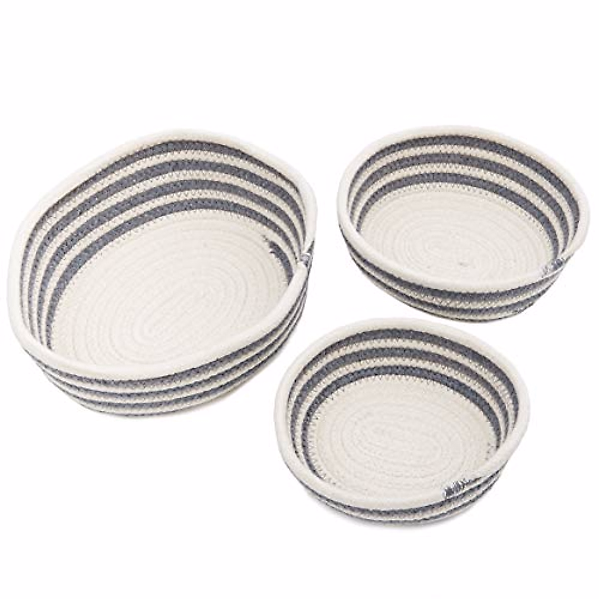 Woven Baskets for Storage, Grey Striped Round Basket (3 Sizes, 3 Pack)