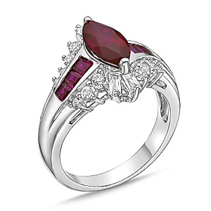 .925 Sterling Silver, Marquise and Baguette Cut Lab Grown Ruby & Lab Grown White Sapphire Wavy Channel Set Engagement Ring - Size 9