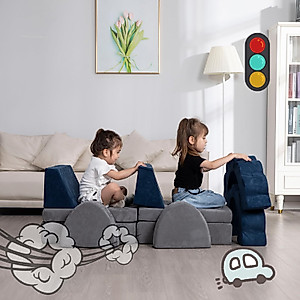 Annualring Modular Kids Play Couch 10 Pcs,Toddler Play Foam Sofa Fold Out Play Set with Flower Shape Fortplay Bedroom and Playroom Furniture,Convertible Sofa for Creative Boy Girl