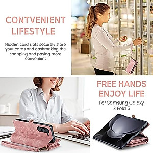 phone flip case Wallet Case Compatible with Samsung Galaxy Z Fold 5,2 in 1 Detachable Premium Leather Magnetic Zipper Pouch Wristlet Flip Phone Case,Matte Soft Leather+TPU Bottom Shell Case W Card Hol