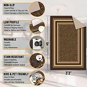 Ottomanson Ottohome Non-Slip Rubberback Bordered Design 3x5 Indoor Area Rug, 3'3" x 5', Brown