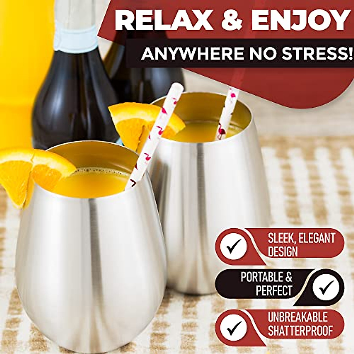 Backyard Bum Premium Solid Stainless Steel Wine Glasses | Set of 4 Large 18 Ounce | Stemless Wine Glasses| Perfect for Entertaining Outdoors