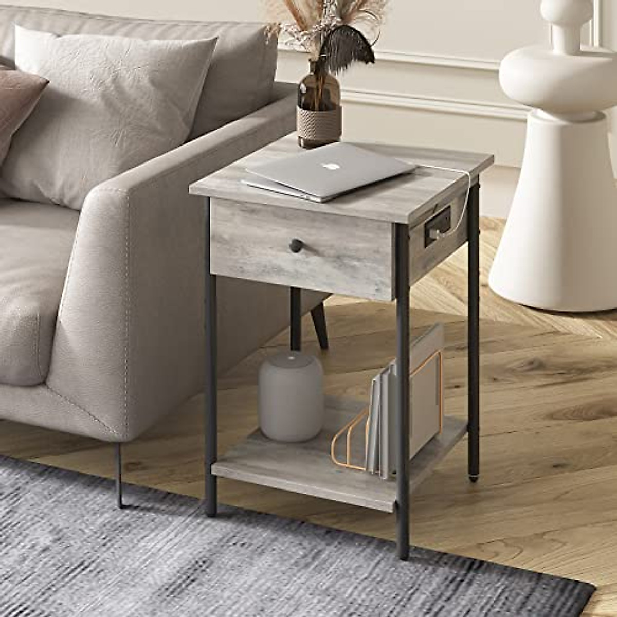 hosote Nightstand with Charging Station, Flip Top End Table with USB Ports and Outlets Farmhouse Night Stand Side Bedside Table with Storage for Bedroom Living Room (Rustic Grey, Set of 2)