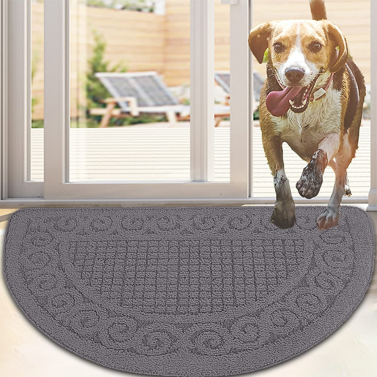 Half Round Indoor Door Mat 18"X30",Non Slip Machine Washable Entryway Rug for Front/Back Outdoor,Half Circle Absorbent Low Profile Entrance Kitchen Floor Mat Doormat for Muddy and Paws-Grey