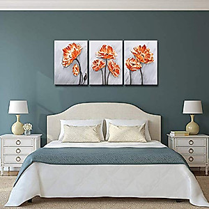 Derkymo 3 Panels Elegant Poppy Wall Painting Orange Flower Canvas Wall Art Pictures of Poppy Flowers for Home Decoration Stretched and Framed Easy to Hang 12"x16"x3pcs