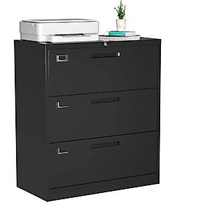 LISSIMO Lateral File Cabinet with Lock, 3 Drawer Metal Storage Filing Cabinet for Hanging Files Letter/Legal/F4/A4 Size, Vertical Files for Home Office (Black)
