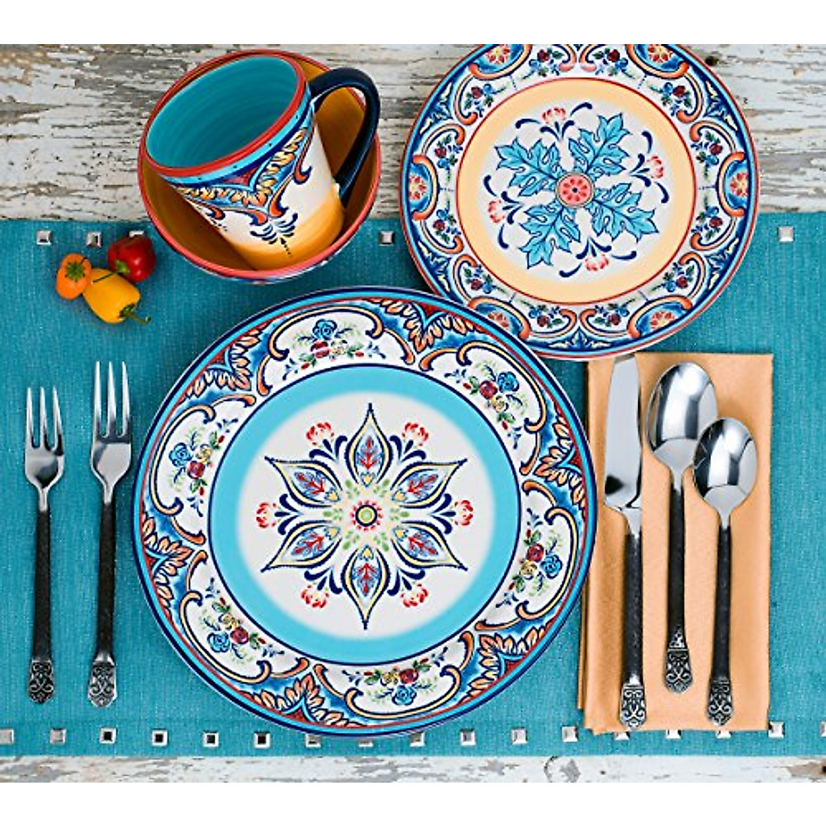 Euro Ceramica Zanzibar Collection Vibrant 16 Piece Oven Safe Stoneware Dinnerware Set, Service For 4, Spanish Floral Design, Multicolor