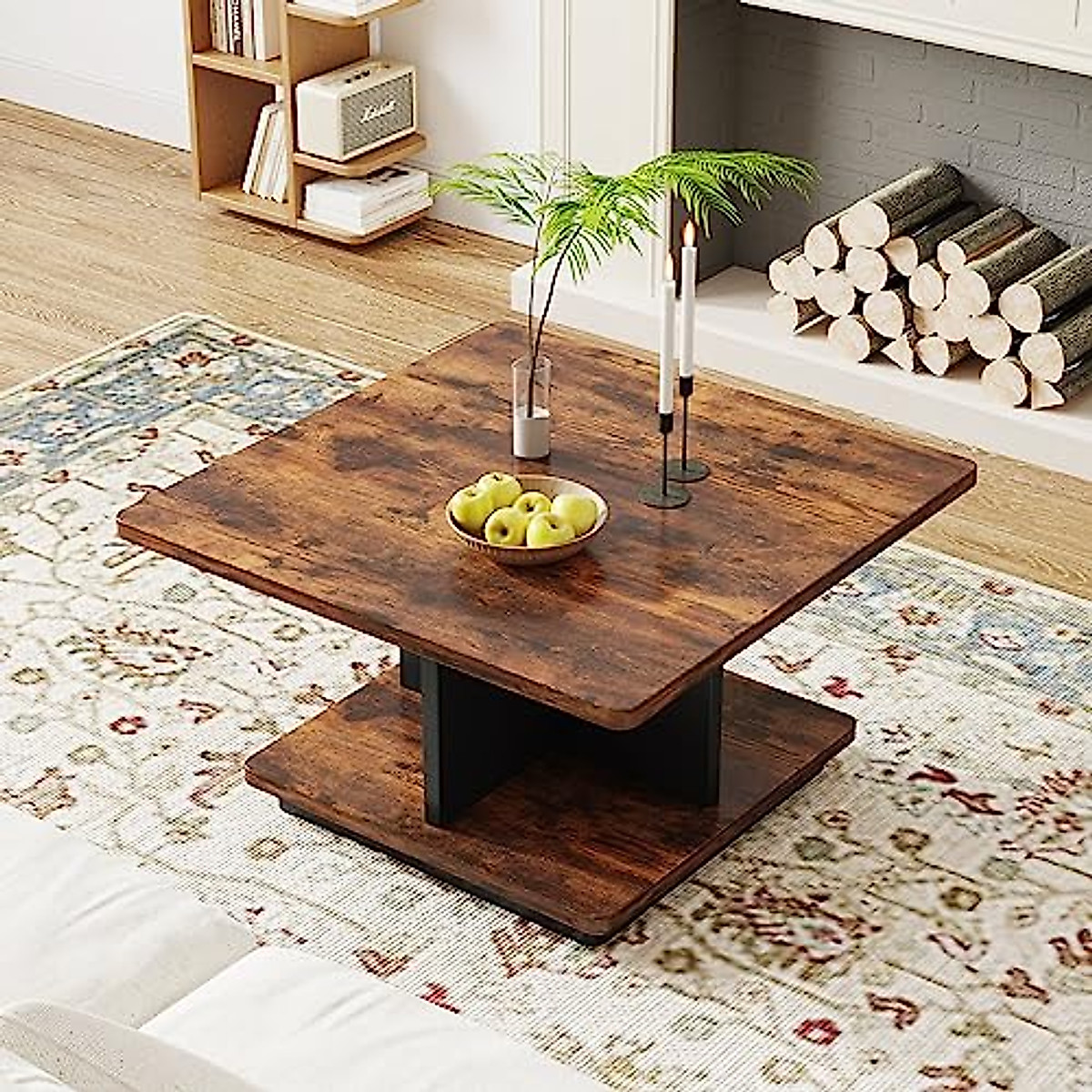 Tribesigns Wood Square Coffee Table: 31.5 Inches 2 Tiers Farmhouse Coffee Table, Wooden Rustic Coffee Table with Storage, Mid Centry Modern Home Furniture for Living Room, Brown