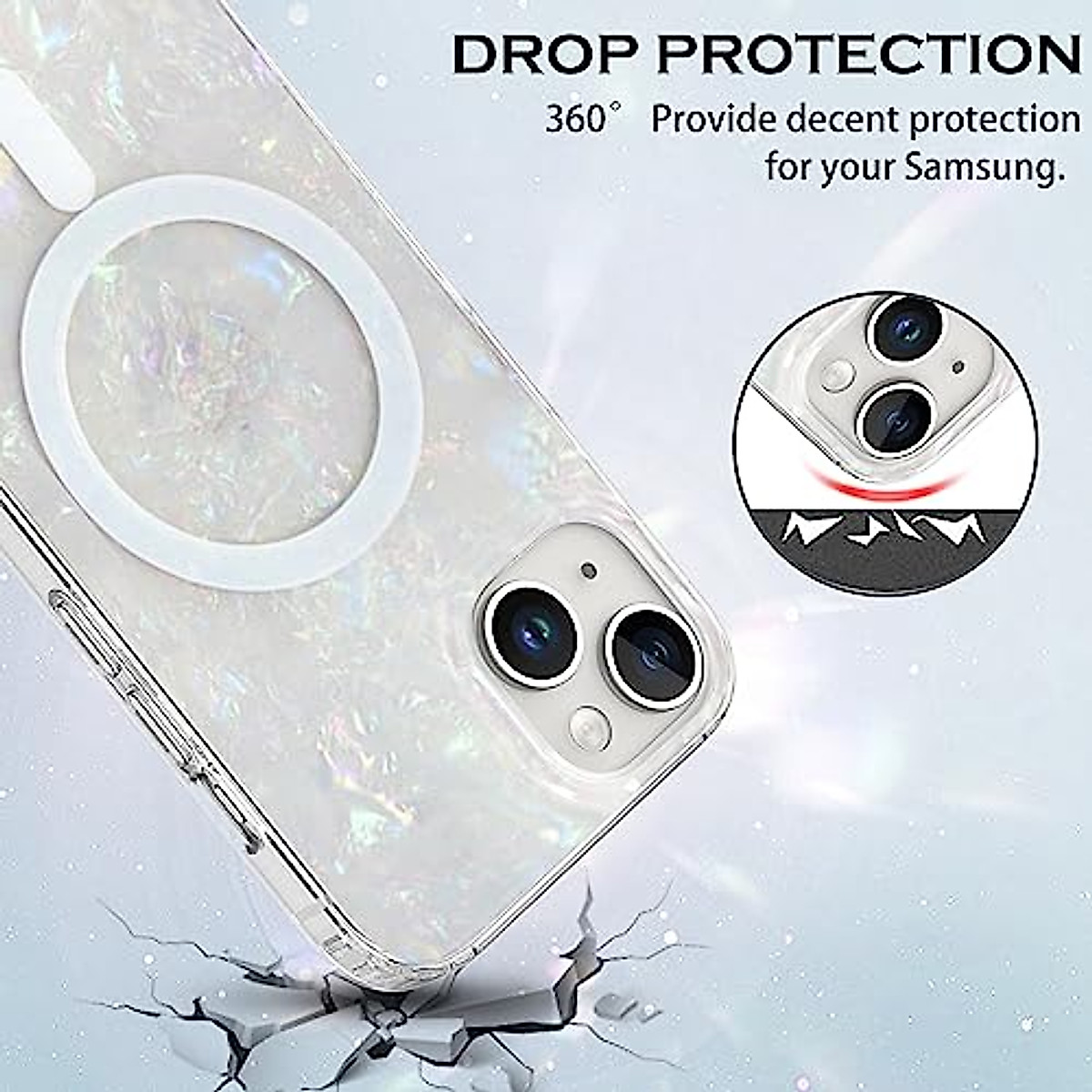 YINLAI Case for iPhone 14 / iPhone 13 [Compatible with MagSafe] Magnetic Slim Glitter Bling Sparkly Pearl Mother-of-Pearl Seashell Women Girly Soft Shockproof Protective Phone Cover 6.1 Inch, White