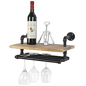 MyGift Industrial Black Metal Wine Glass Holder Wall Mount Rack with Display Shelf, Decorative Bar Stemware Hanger with Burnt Wood Floating Shelf - Holds 6 Glasses