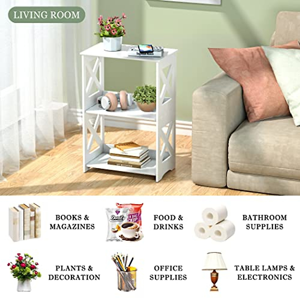 BYFU 3-Tier Side Table Set of 2, Narrow End Table with Storage Shelf, White Nightstand Bedside Table Small Bookshelf Bookcase Display Rack for Bedroom Bathroom Living Room Office