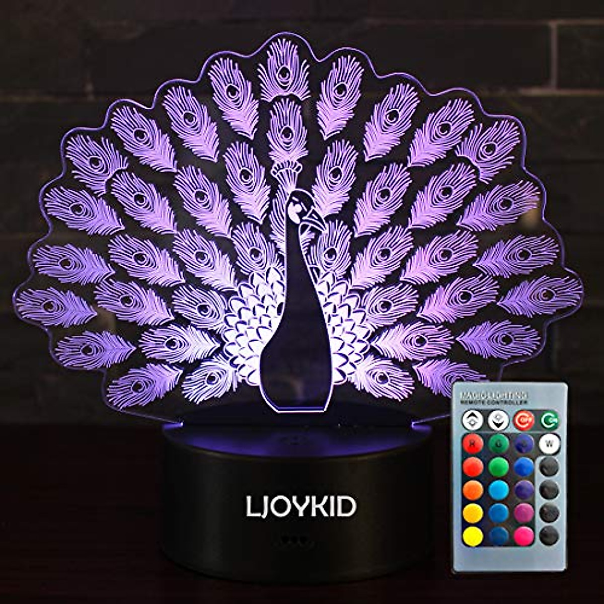 LJOYKID 3D Led Night Light Lamps - Optical Illusion 7 Colors Touch Table Desk Visual Lamp with Remote Control for Gifts for Children Kids (Peacock)