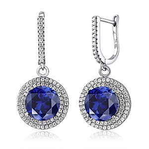 Gem Stone King 925 Sterling Silver Round Blue Simulated Sapphire Drop Dangle Earrings For Women | 9.48 Cttw | Round 10MM