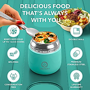 ENERGIFY Vacuum Insulated Food Jar. 17oz Thermos Includes Folding Spoon and Cup. Hot & Cold Drinks, Lunch Container For Kids and Adults. Made of Premium BPA-Free Stainless Steel, Leak Proof, Blue