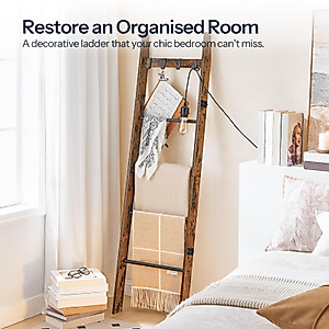 HOOBRO Blanket Ladder for Living Room, 5.2FT(63''), 5-Tier Wall Leaning Towel Rack with Hooks, Decorative Farmhouse Blanket Rack Shelf, Bedroom, Rustic Brown and Black BF160CJ01G1