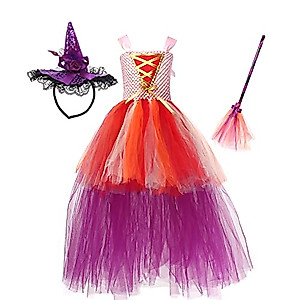 IBAKOM Toddler Halloween Costumes for Girls Wicked Witch Tulle Dress Witch Hat Broom Hood Cloak Carnival Fancy Party Fairytale Spell Caster Wizard Dress Up Teen Girl Witch Dress Pink 4-5 Years