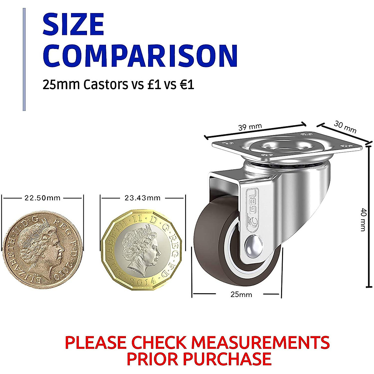GBL 1" inch Small Caster Wheels with 2 Brakes + Screws - 90Lbs - Low Profile Castor Wheels with Brakes - Set of 4 No Floor Marks Silent Casters - Mini Wheels for Cart