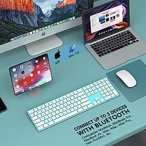 JOYACCESS Bluetooth Multi-Device Wireless Slim Quiet QWERTY Keyboard with Numeric Keypad, Profile Aluminum Keyboard for Laptop, Computer, PC, Windows (Blue & White)