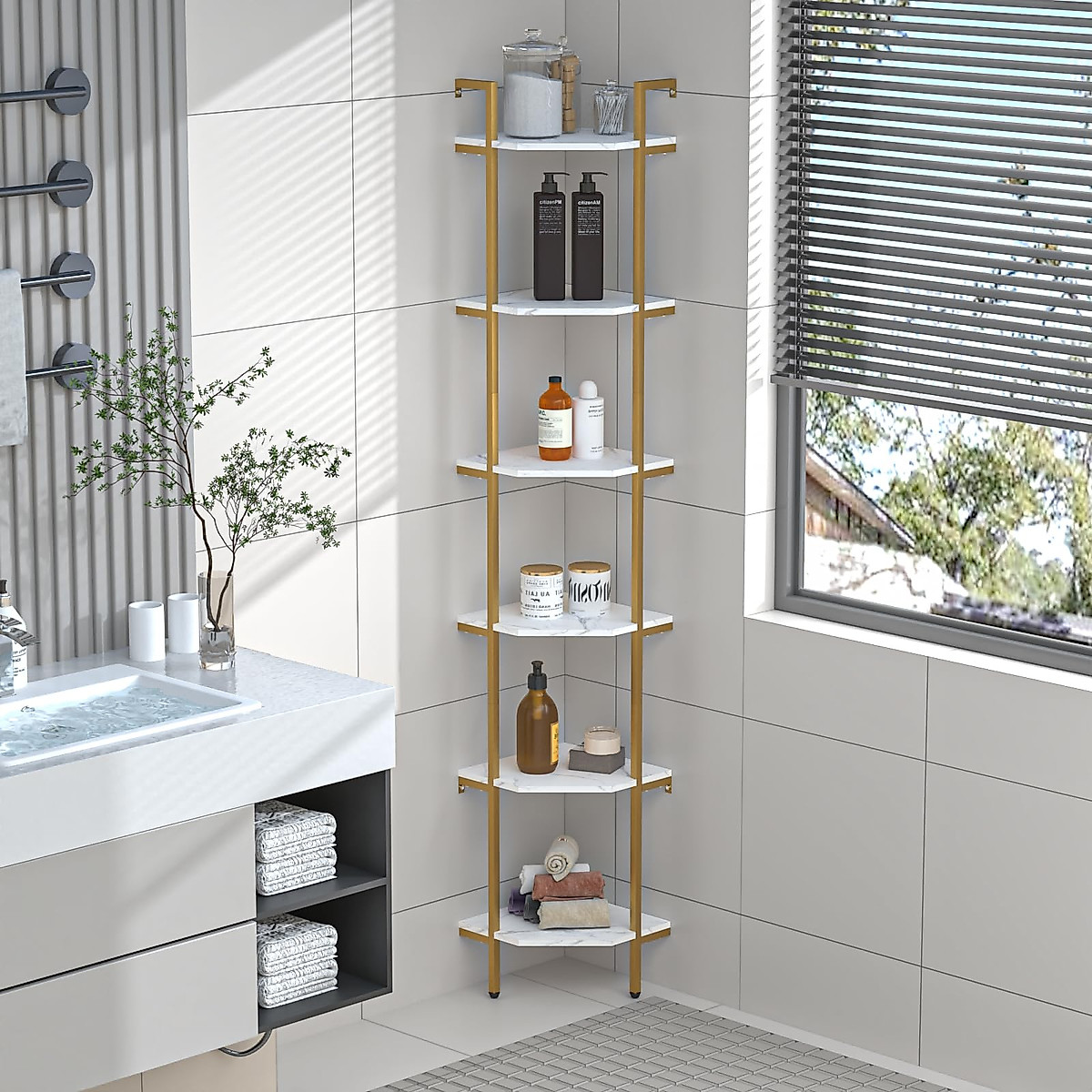 Dosker Corner Shelf White Wall Mounted Bookshelf, 6 Tier Plant Stand and Display Shelf for Living Room,Wall Corner Bookshelf Multi Storage Organizer Ladder Style Shelving Unit with Marble Accents