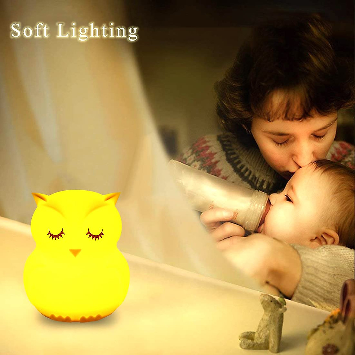 WHA&DARREN Large Owl Night Light for Kids,Cute Baby Night Light, Silicone Bedside Lamp, Sleep Lights, Eye Caring, Adjustable Brightness & Color, Time Setting, Touch+Remote Control