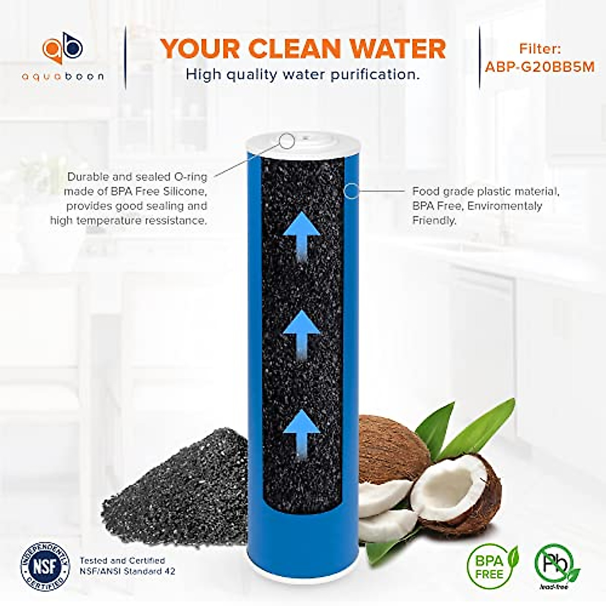 Aquaboon Premium 5 Micron 20" x 4.5" Whole House Coconut Shell Granular Activated Carbon (GAC) Water Filter Replacement Cartridge, 4 Pack