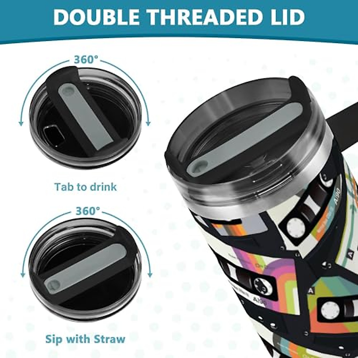 Exnundod Retro Vintage Cassette Tapes Tumbler with Handle 40oz and Straw Insulated Tumblers Leak-proof Water Bottle for Car Travel