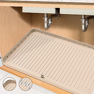 Under Sink Mat, 34" x 22" Under Sink Mats for Kitchen Waterproof - Silicone Under Sink Liner Drip Tray with Drain Hole, Sink Cabinet Protector Mat for Kitchen & Bathroom (Beige)