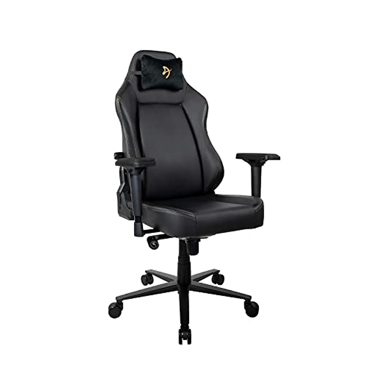 Arozzi Primo Premium PU Leather Gaming Chair Office Chair with Recliner Swivel Tilt Rocker Adjustable Height 4D Armrests Neck Pillow and Built-in Lumbar Adjustment - Black with Gold Accents