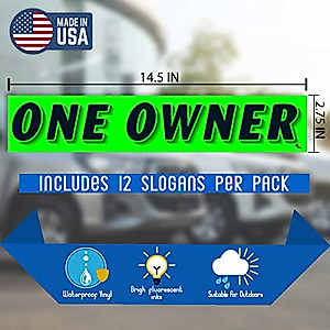 Versa Tags Windshield Slogan Stickers 12 Pack of FINANCING Available Stickers 12 Pack of PER Month Slogans 12 Pack of ONE Owner Window Stickers (36) Dealership Stickers Black On Green