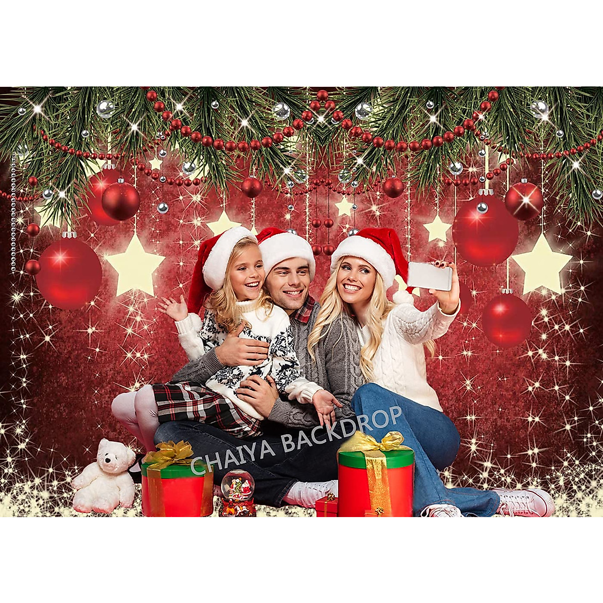 CHAIYA 7x5ft Christmas Red Background Winter Snowflake New Year's Eve Photography Family Party Shining Stars Background Red Happy Background Baby Shower Decoration Photo Studio Road CY128